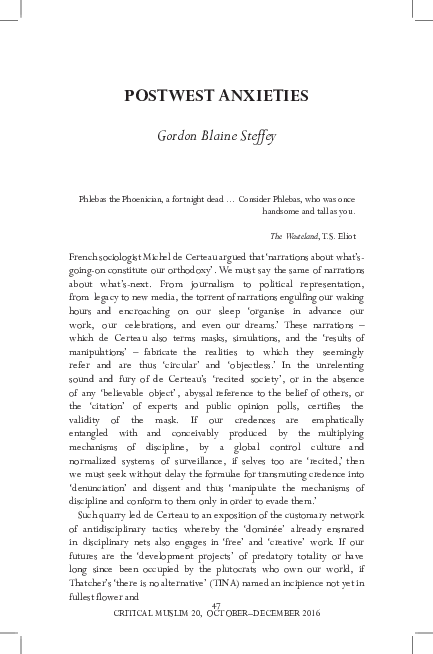 (PDF) PostWest Anxieties, in Critical Muslim 20: Postwest, October ...