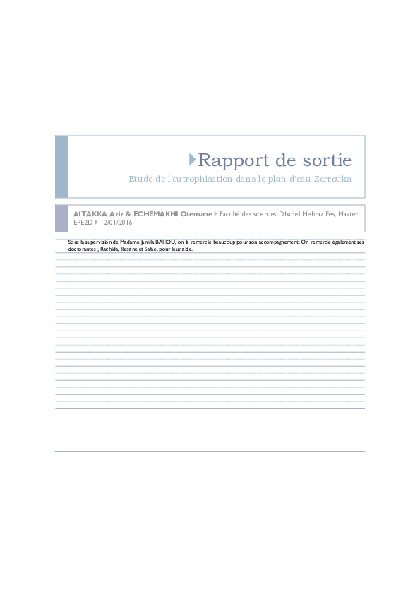 (PDF) Rapport de sortie Oued Zerouka, Eutrophisation