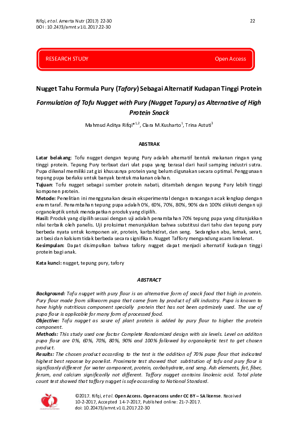 (PDF) Nugget Tahu Formula Pury (Tafory) Sebagai Alternatif Kudapan ...