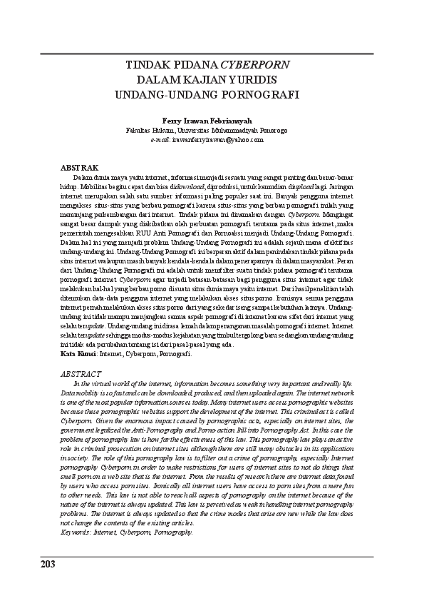 (PDF) TINDAK PIDANA CYBERPORN DALAM KAJIAN YURIDIS UNDANG-UNDANG PORNOGRAFI