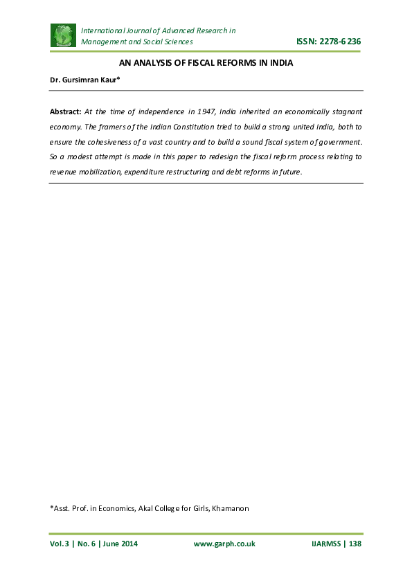 (PDF) AN ANALYSIS OF FISCAL REFORMS IN INDIA | Gursimran Kaur ...