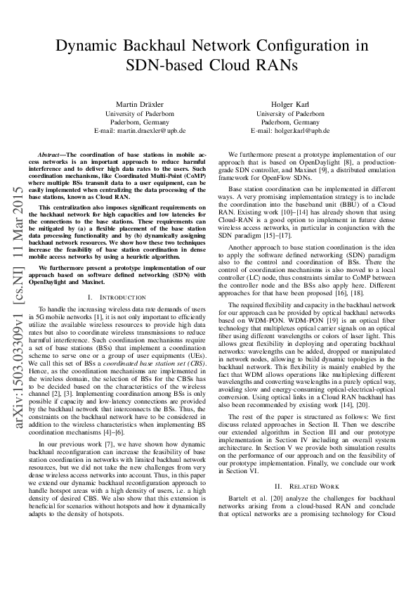 (PDF) Dynamic Backhaul Network Configuration in SDN-based Cloud RANs