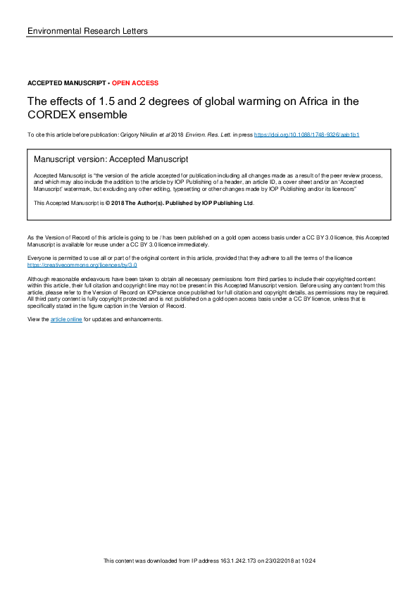 (PDF) Environmental Research Letters The effects of 1.5 and 2 degrees ...