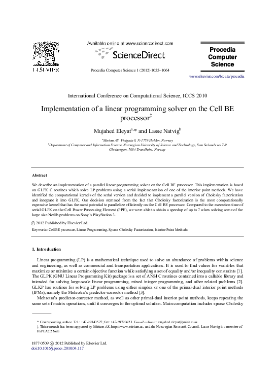 (PDF) Procedia Computer Science Implementation of a linear programming ...