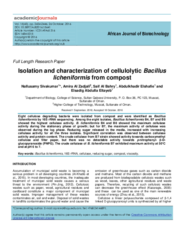 (PDF) Isolation and characterization of cellulolytic Bacillus licheniformis from compost