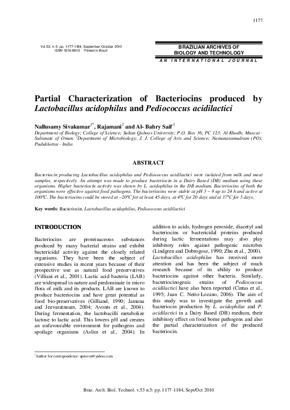 Pdf Production And Partial Characterization Of Bacteriocin Isolated