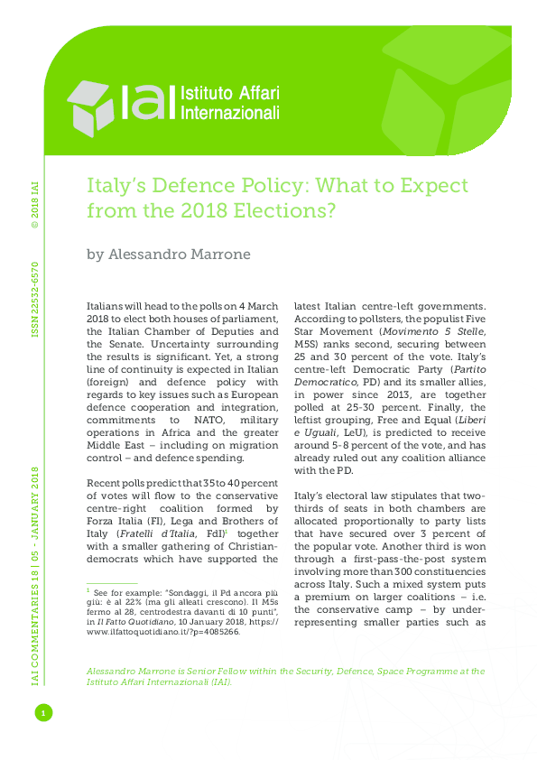 (PDF) Italy's Defence Policy: What to Expect from the 2018 Elections