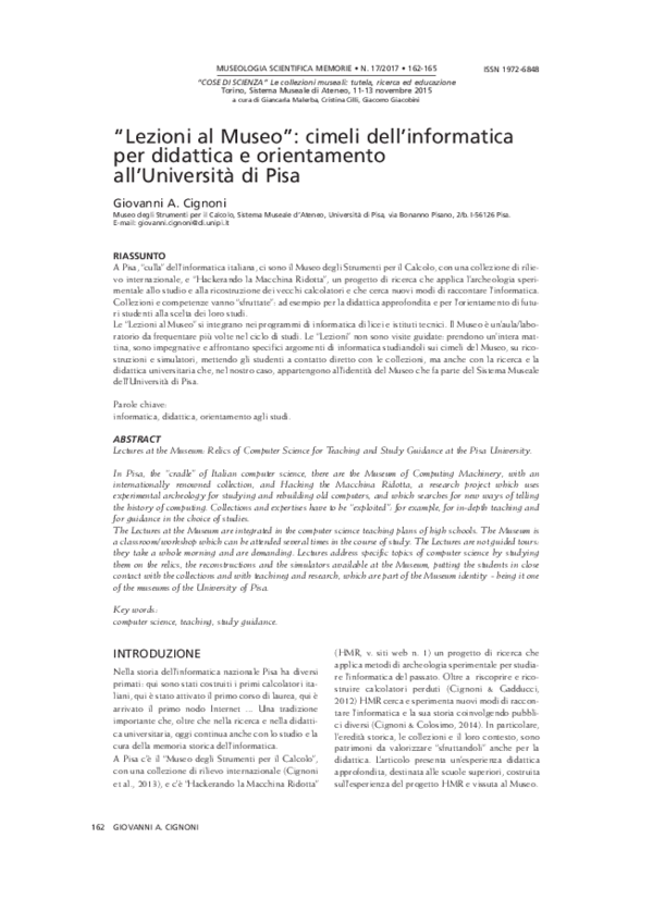 (PDF) "Lezioni al Museo: cimeli dell'informatica per didattica e ...