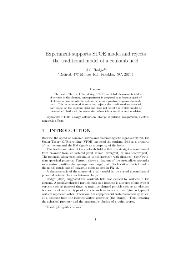(PDF) Experiment supports STOE model and rejects the traditional model of a coulomb field