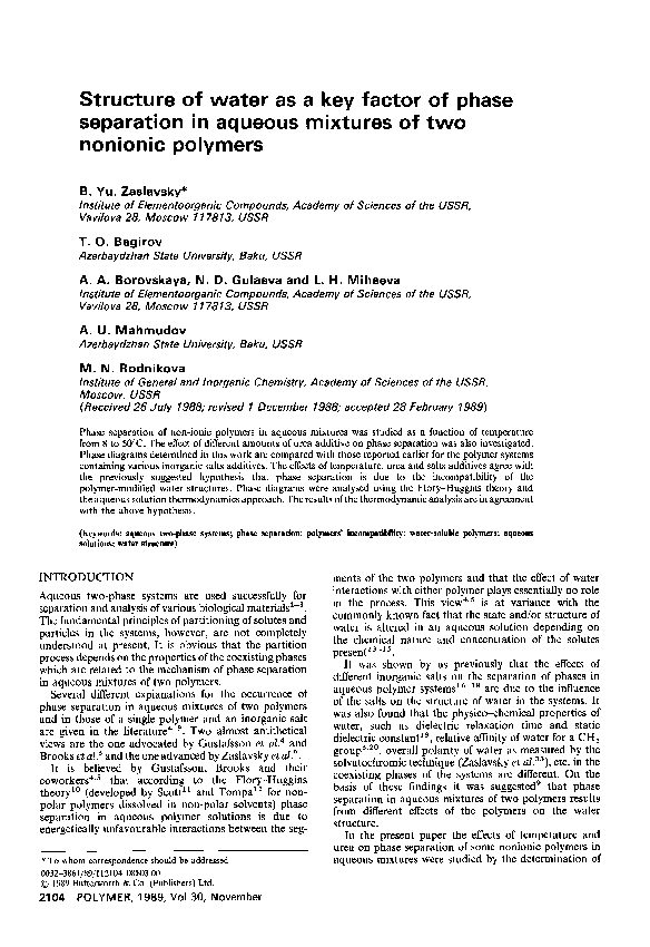 (PDF) Structure of water as a key factor of phase separation in aqueous ...