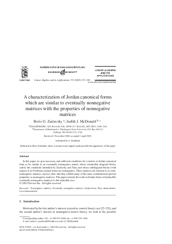 (PDF) The Jordan canonical form for a class of zero–one matrices ...
