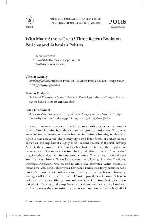 (PDF) Who Made Athens Great? Three Recent Books on Pericles and ...