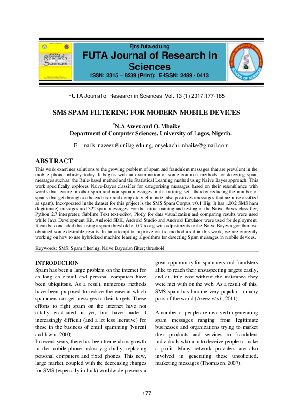 Pdf Sms Spam Filtering For Modern Mobile Devices