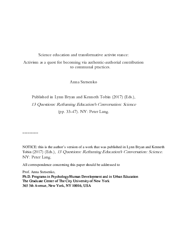 (PDF) Stetsenko, A. (2017). Science education and transformative ...
