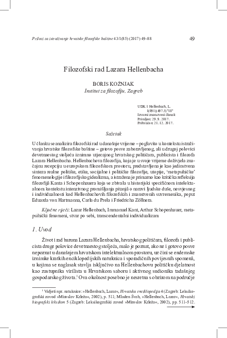 (PDF) Filozofski rad Lazara Hellenbacha / The Philosophical Work of Lazar Hellenbach