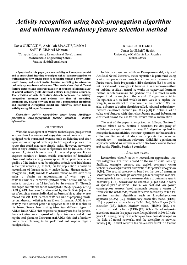 Pdf Activity Recognition Using Back Propagation Algorithm And Minimum