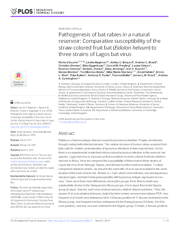 (PDF) Pathogenesis of bat rabies in a natural reservoir: Comparative ...