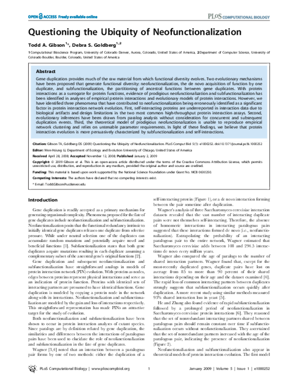 (PDF) Questioning the Ubiquity of Neofunctionalization