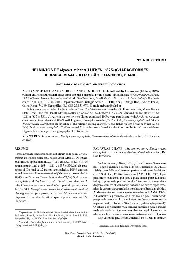 (PDF) HELMINTOS DE Myleus micans (LÜTKEN, 1875) (CHARACIFORMES ...