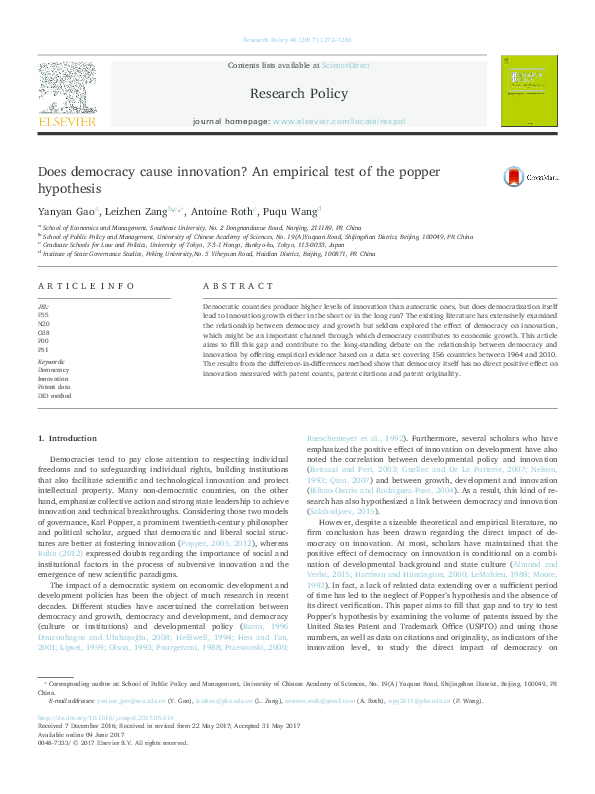 (PDF) Does democracy cause innovation? An empirical test of the popper ...