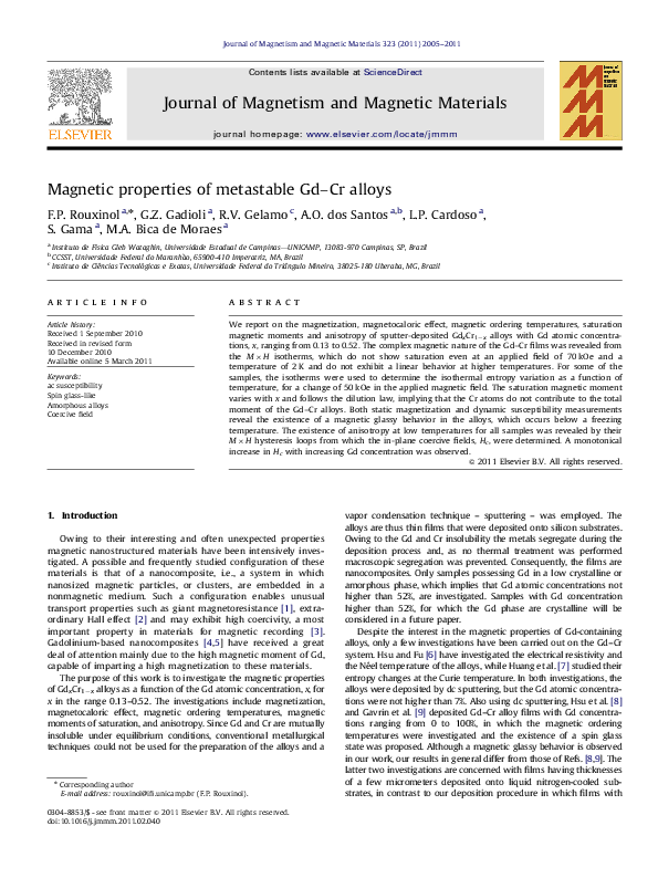 (PDF) Magnetic properties of metastable Gd–Cr alloys
