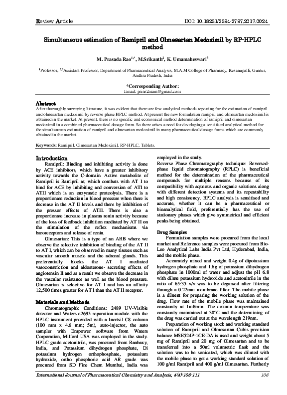 Pdf Simultaneous Determination Of Ramipril Hydrochlorothiazide And Telmisartan By Rp Hplc