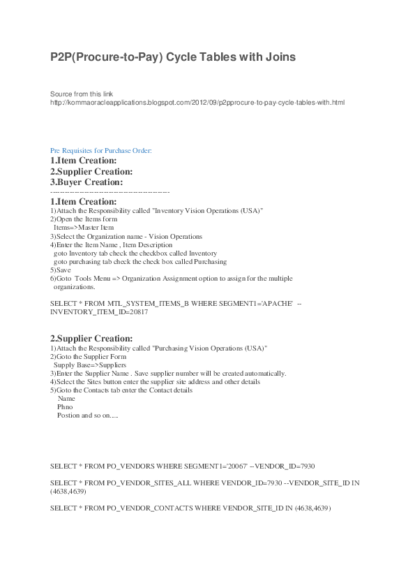 (DOC) P2P(Procure-to-Pay) Cycle Tables with Joins
