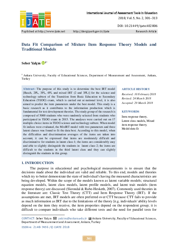 (PDF) Data Fit Comparison of Mixture Item Response Theory Models and Traditional Models