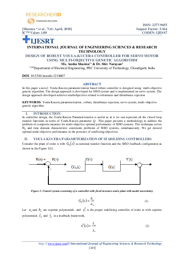 Pdf Design Of Robust Youla Kucera Controller For Servo Motor Using Multi Objective Genetic