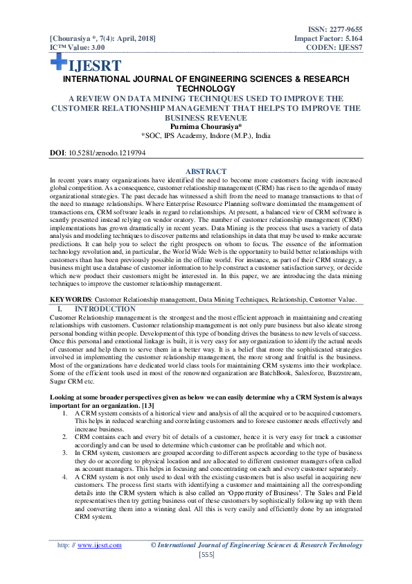 Pdf A Review On Data Mining Techniques Used To Improve The Customer Relationship Management