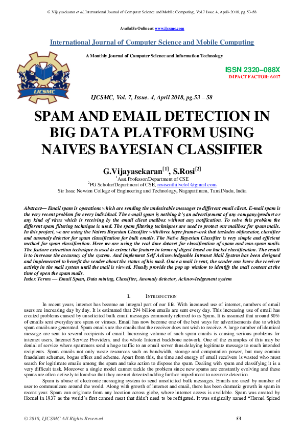 Pdf Spam And Email Detection In Big Data Platform Using Naives Bayesian Classifier