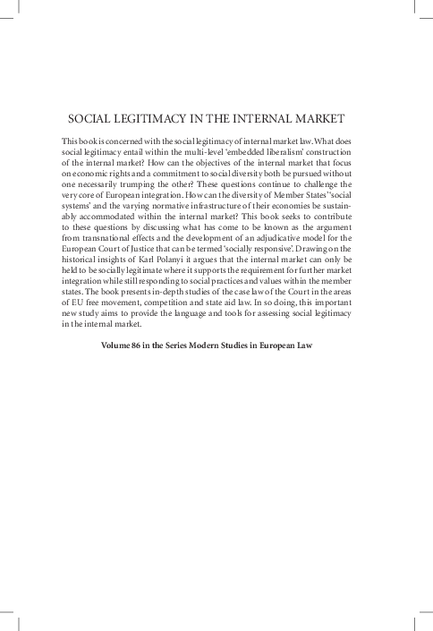 (PDF) Social Legitimacy in the Internal market (Preface from Christian ...