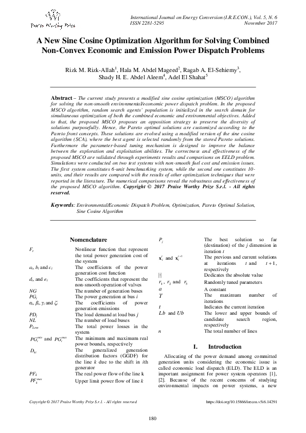 Pdf A New Sine Cosine Optimization Algorithm For Solving Combined Non