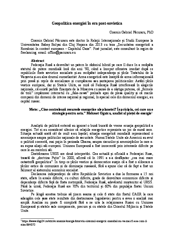 (DOC) Geopolitica energiei în era post-sovietica, Revista Geopolitica ...