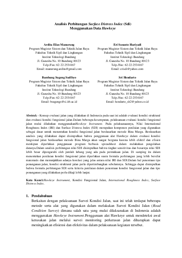 (PDF) Analisis Perhitungan Surface Distress Index (Sdi) Menggunakan Data Hawkeye