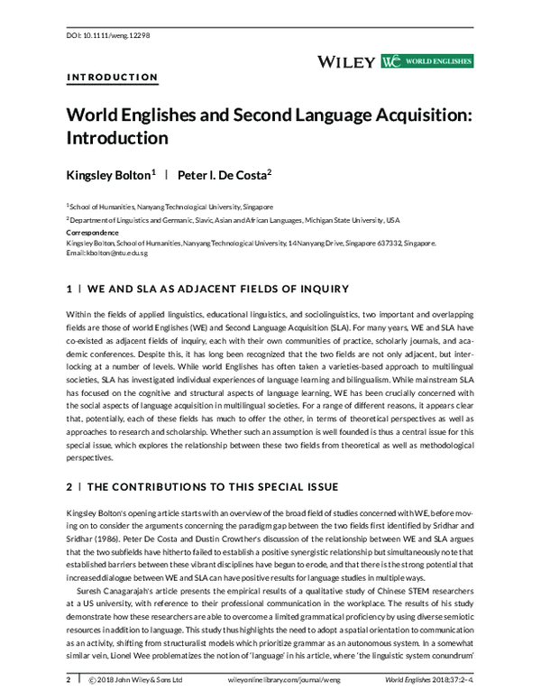 (PDF) World Englishes and Second Language Acquisition: Introduction 1 ...