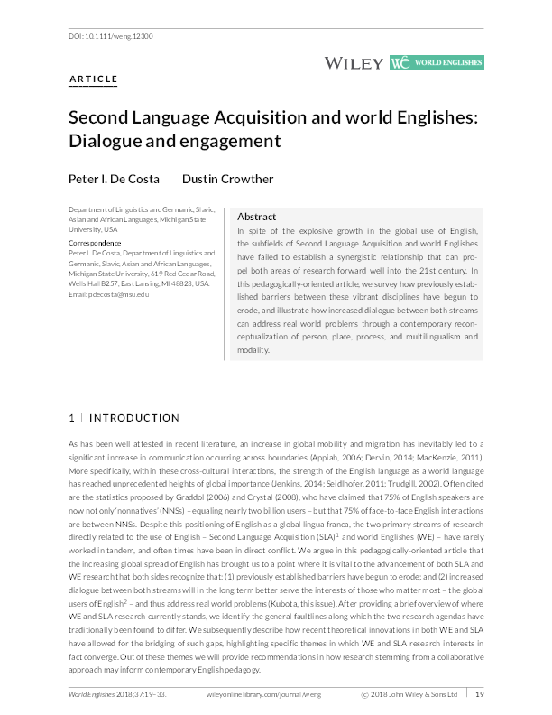 (PDF) Second Language Acquisition and world Englishes: Dialogue and ...