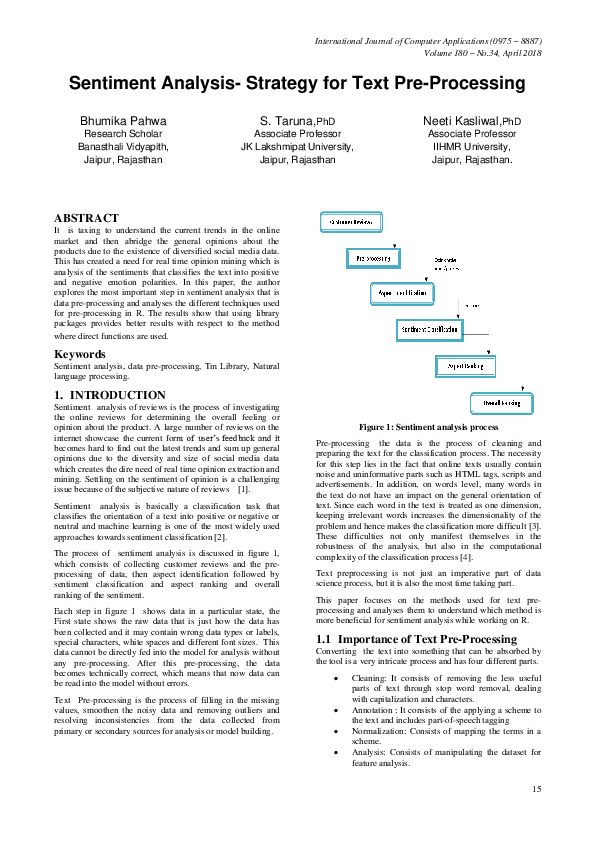 (PDF) Sentiment Analysis-Strategy for Text Pre-Processing | Dr. Neeti Kasliwal and S. Taruna ...