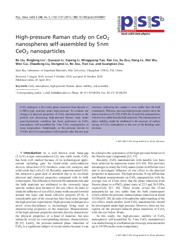 (PDF) High-pressure Raman study on CeO2 nanospheres self-assembled by 5 ...