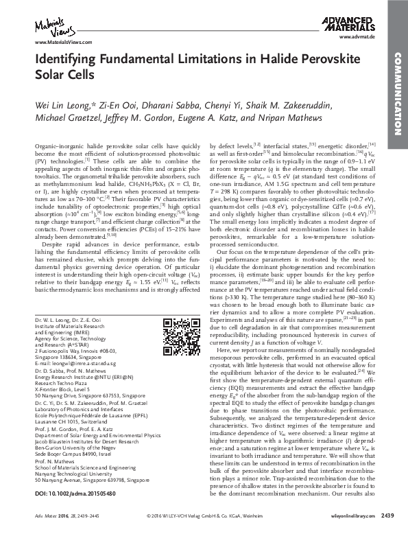 (PDF) Identifying Fundamental Limitations in Halide Perovskite Solar Cells