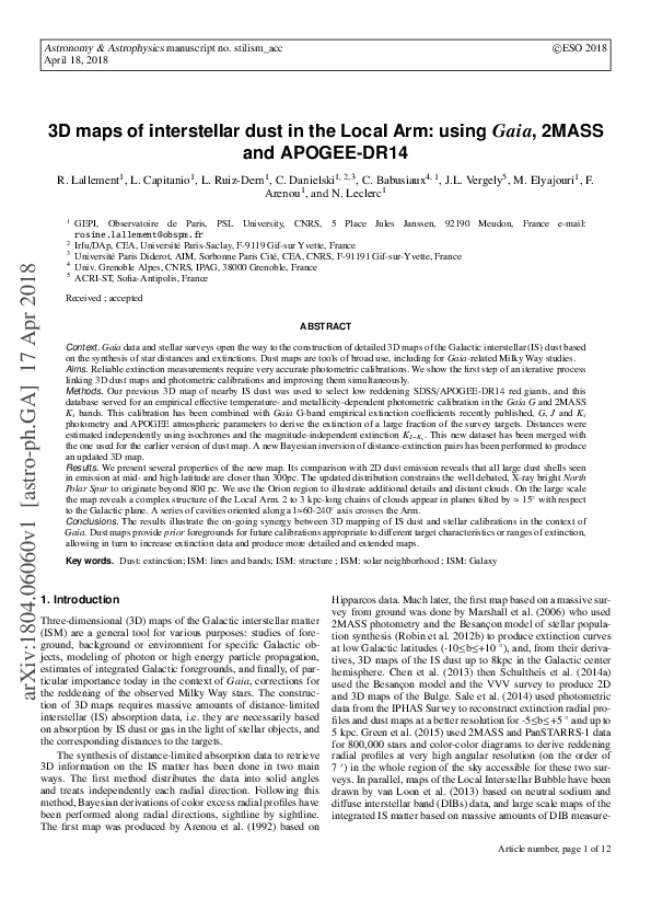(PDF) 3D maps of interstellar dust in the Local Arm: using Gaia, 2MASS ...