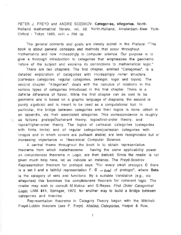 (PDF) Freyd Peter J. and Scedrov Andre. Categories, allegories. North ...