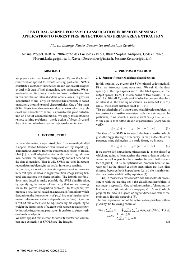 (PDF) TEXTURAL KERNEL FOR SVM CLASSIFICATION IN REMOTE SENSING : APPLICATION TO FOREST FIRE ...