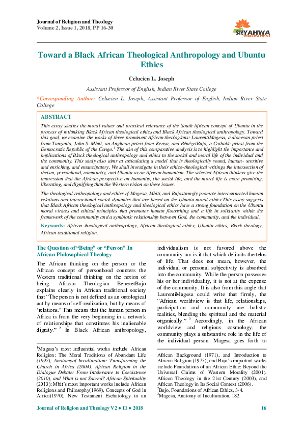 (PDF) Toward a Black African Theological Anthropology and Ubuntu Ethics