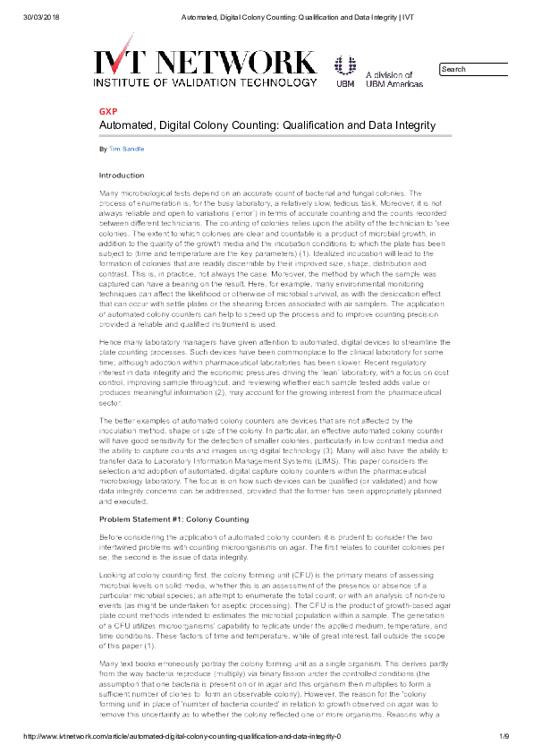 (PDF) Automated, Digital Colony Counting: Qualification and Data Integrity