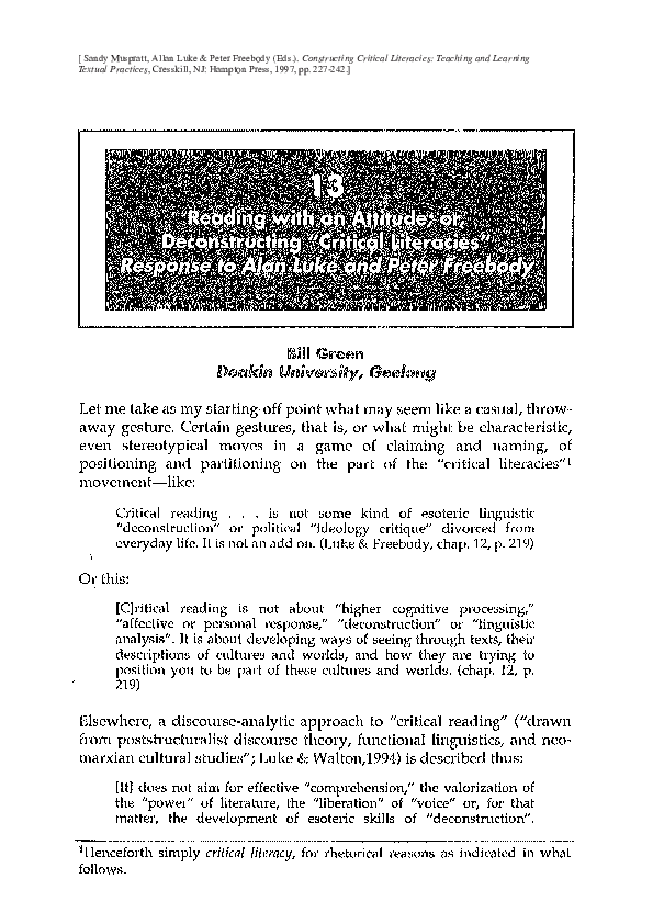 (PDF) Reading with an Attitude; or, Deconstructing ‘Critical Literacies’ | Bill Green - Academia.edu