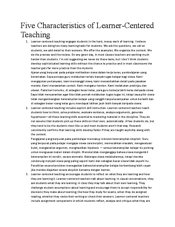 (PDF) Five Characteristics of Learner-Centered Teaching
