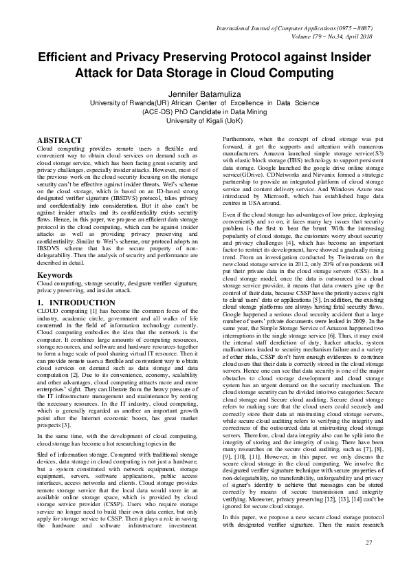 Pdf Efficient And Privacy Preserving Protocol Against Insider Attack For Data Storage In Cloud