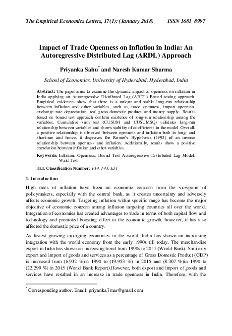 Pdf Impact Of Trade Openness On Inflation In India An Autoregressive Distributed Lag Ardl
