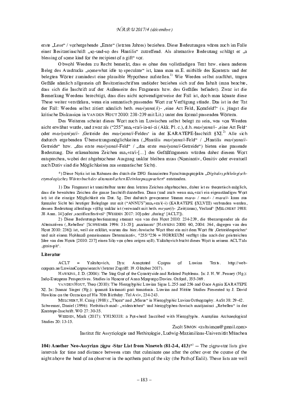 (PDF) (together with Wayne Horowitz) Another Neo-Assyrian ziqpu-Star ...